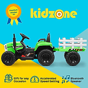 Kidzone 12V 7AH Treaded Tires with Dual 25W Motors Remote Control Battery Powered Electric Tractor with Trailer Toddler Ride On Toy with 3-Gear-Shift 7-LED Lights USB & Bluetooth Audio - Green