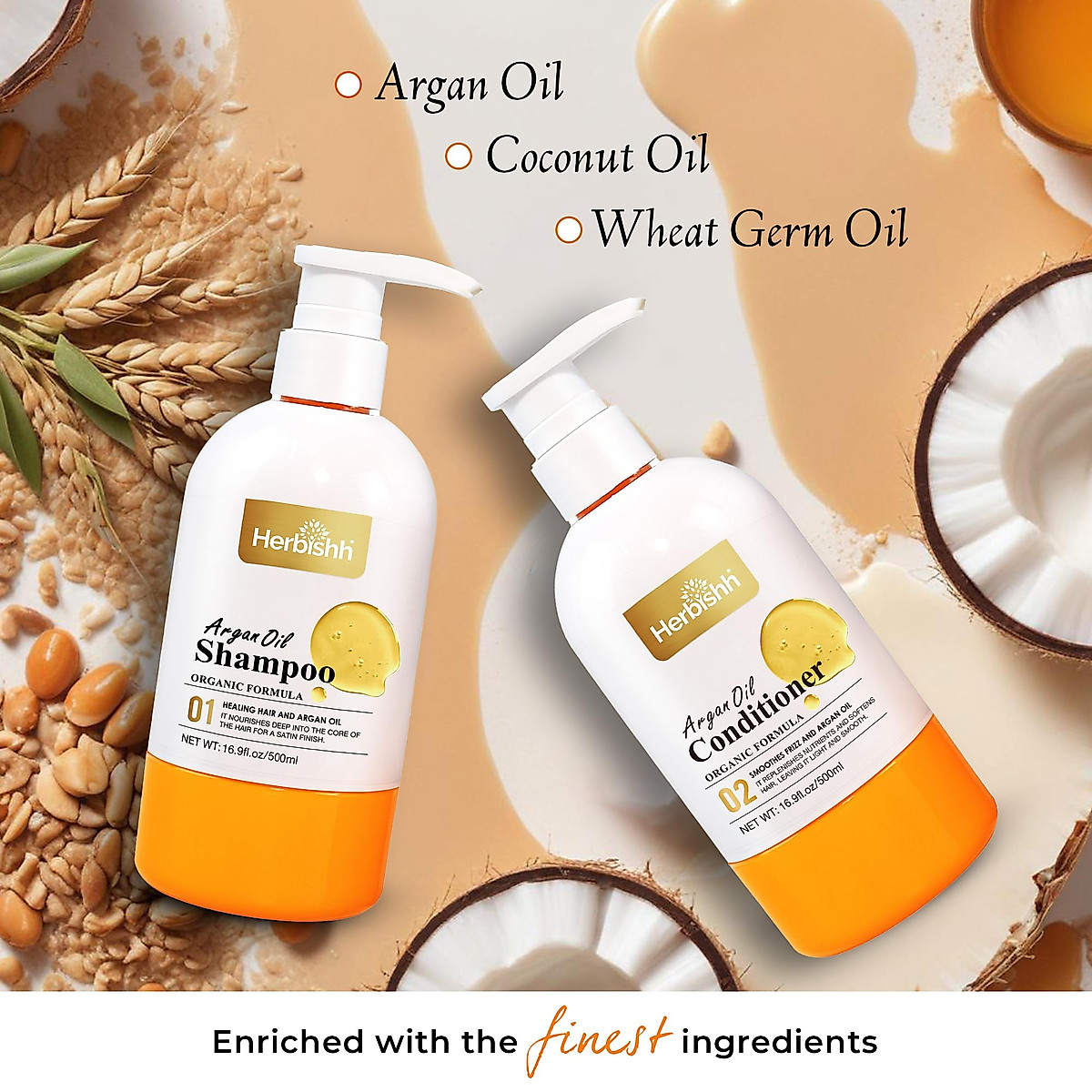 Herbishh Argan Oil Shampoo & Conditioner, Deep Cleansing & Promotes Hair Growth, Repairs Dry, Damaged Hair, UV Protection, With Shea Butter, Jojoba, Coconut oil for Frizzy Colored Hair 16.9fl.oz Each