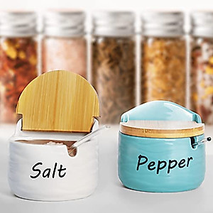 SOYESIN Salt Cellar with Labels, Ceramic Salt Container with Bamboo Lid and Spoon, Salt and Pepper Bowl for Home and Kitchen, Seasoning Box with Scoop for Sugar, Pepper, Spice, 9.43 OZ (273g) -White
