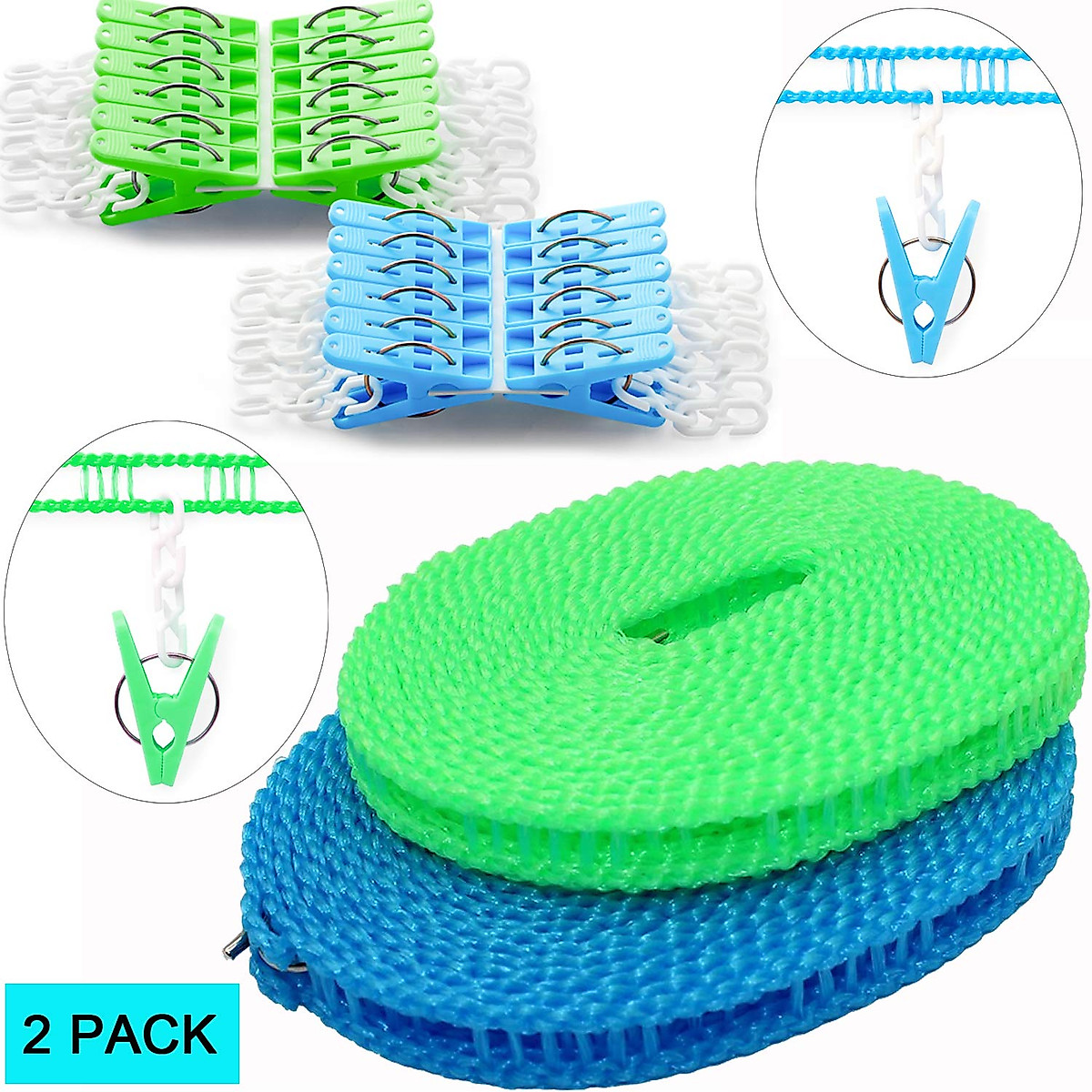 Foshine Clotheslines 2 Pack Clothesline Clothes with 24 Pcs Clips Drying Rope Portable Windproof for Travel Indoor Outdoor Laundry Clothes Line Hanger Camping Home