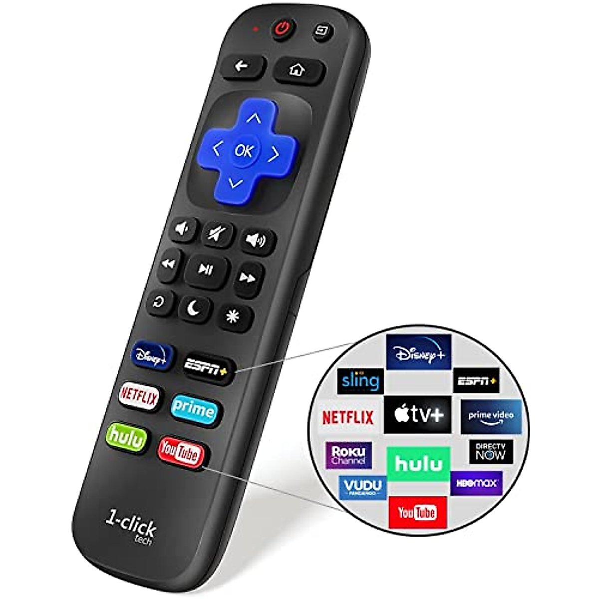 1-clicktech Remote for Roku TV, Compatible for TCL HISENSE ONN Sharp Hitachi Element Westinghouse LG Sanyo JVC Magnavox - All Built-in Roku TV [Not for Roku Stick]