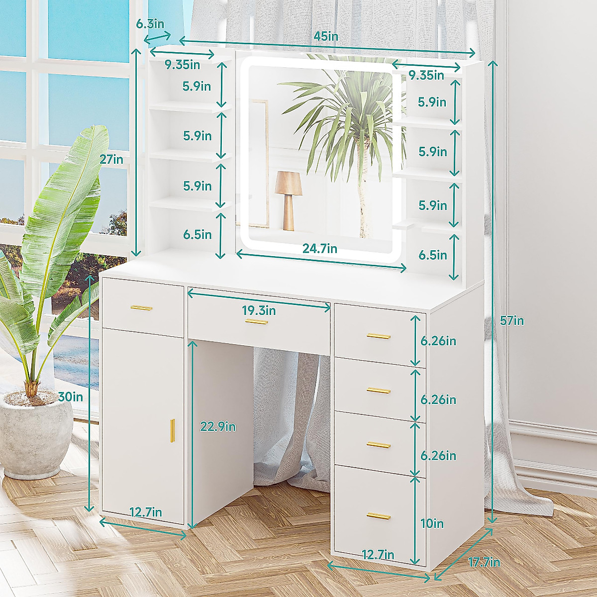 VoirStar Vanity Desk with Mirror & Light, Makeup Vanity with Lights, 6 Drawers Makeup Table with Mirror, 3 Lighting Colors, Dressing Table, Large Storage Vanity Desk with Shelf, White