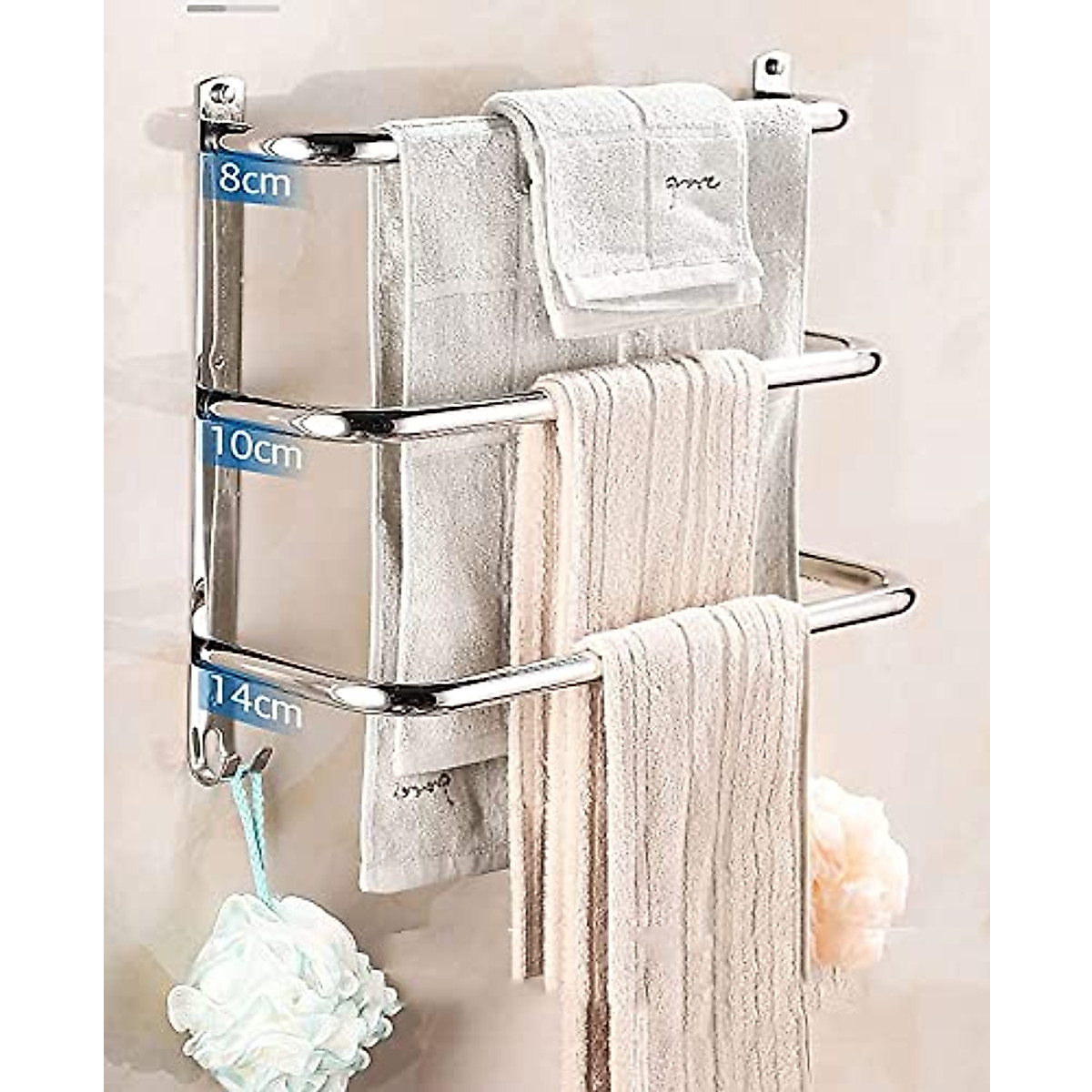 -Shelf,Towel Rack Wall Towel Rack, Stainless Steel Bath Towel Holder,3 Bars, Bathroom and Kitchen Towel Rail, Silver, 40Cm, Waterproof and Rust-Proof