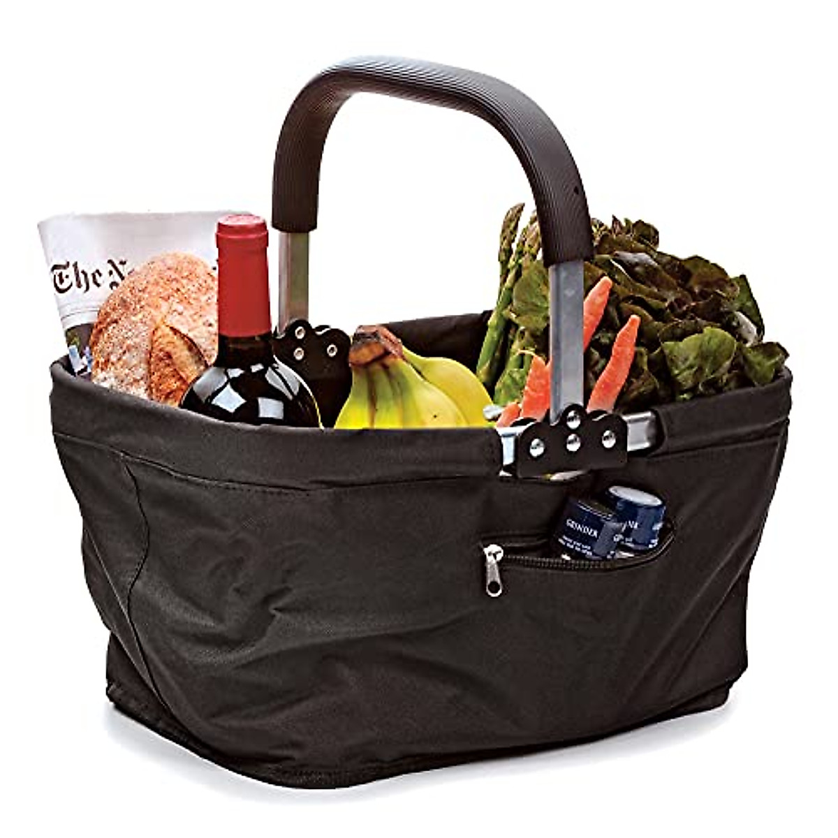 RSVP International Collapsible Market Basket Aluminum Frame, Large Zip Side Pocket, 17x11x18", Black
