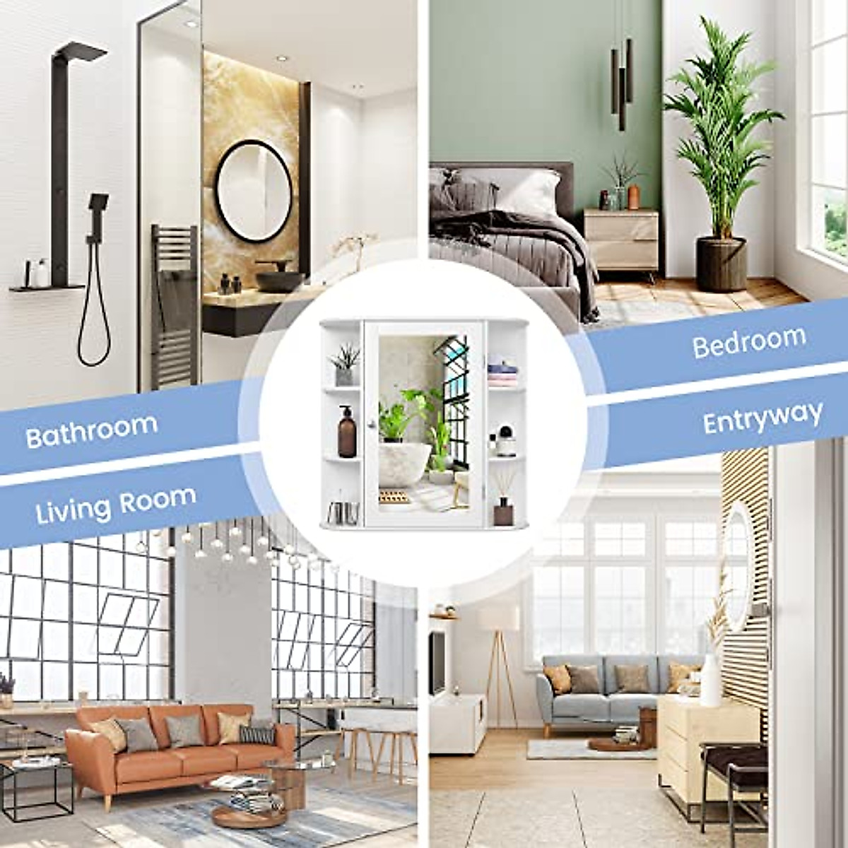 COSTWAY Wall Mounted Bathroom Cabinet - Storage Cabinet with Mirror Door & Adjustable Shelves, Space-Saving Medicine Storage Organizer for Living Room Kitchen Entryway (White)