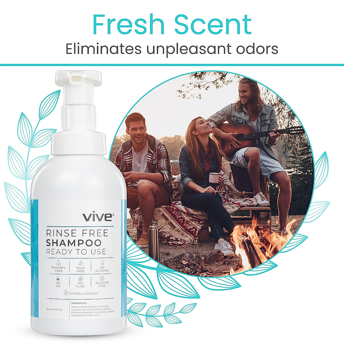 Vive Rinse Free Shampoo (4 Pack) - 16 Ounce Waterless Foam Wash For Elderly, Bedridden Patients, Women, Men - No Water Shower Cap Alternative For Washing Sensitive Skin - For Hospital, Camping, Hiking