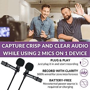 Purple Panda Dual Interview Lavalier Lapel Microphone Kit (2 Pack) for Podcast - Professional Omnidirectional Clip On Lav Mic - Compatible with iPhone, Android, DSLR Camera, Samsung, Zoom, Tascam
