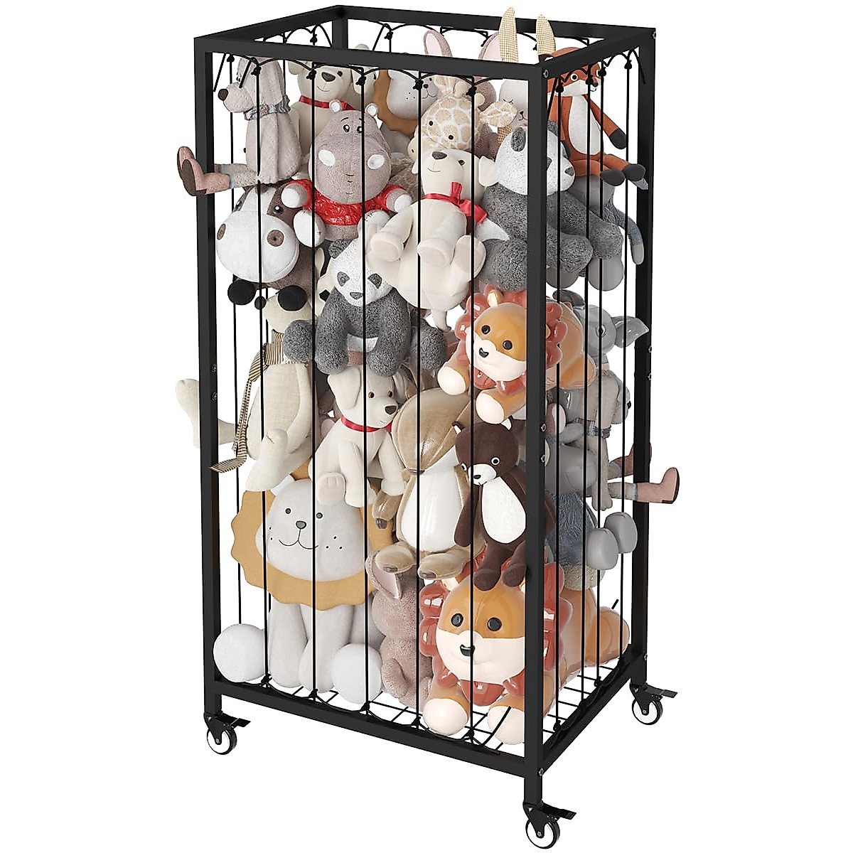Ardier Stuffed Animal Storage Organizer with Wheels, Stuffed Animal Zoo Shelf with Elastic Rope for Nursery, Play Room, Bedroom, Kids Plush Toy Holder for Boys and Girls, Black.