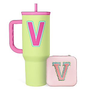 SANDJEST Stainless Steel Slider Tumbler With Handle 40oz & Jewelry Case with Initial V