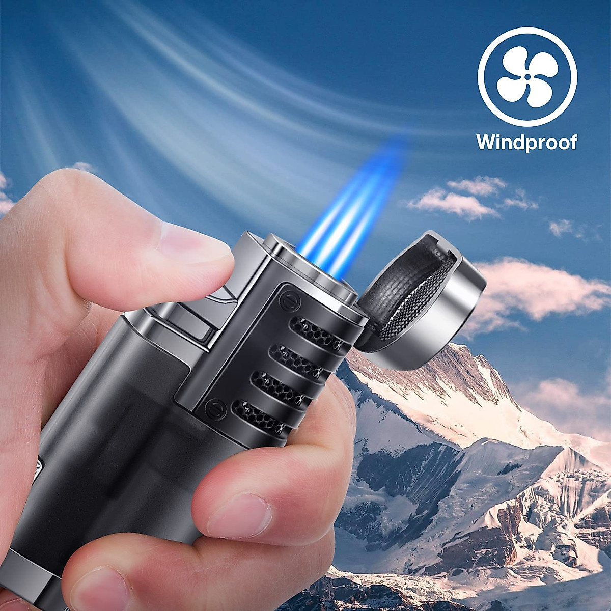 LcFun Butane Lighter 1 Pack Triple Jet Flame Torch Lighters Butane Refillable Gas Lighter Adjustable Windproof Pocket Lighter with Gift Box for Men and Women-Butane Not Included (1 Pack Black)