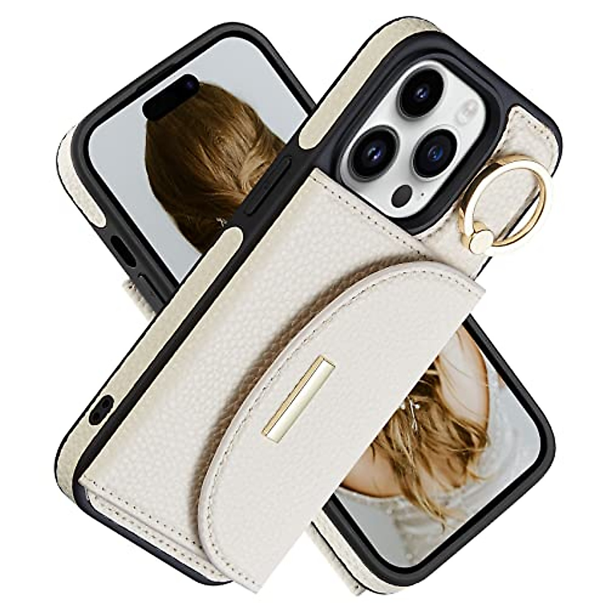 Keallce Case for iPhone 14 Pro 6.1'' 2022, Flip Wallet Case with Card Slots, Ring Stand Holder Kickstand, Folio Leather Protective Phone Cover for Ladies Women Compatible with iPhone 14 Pro 5G, Beige