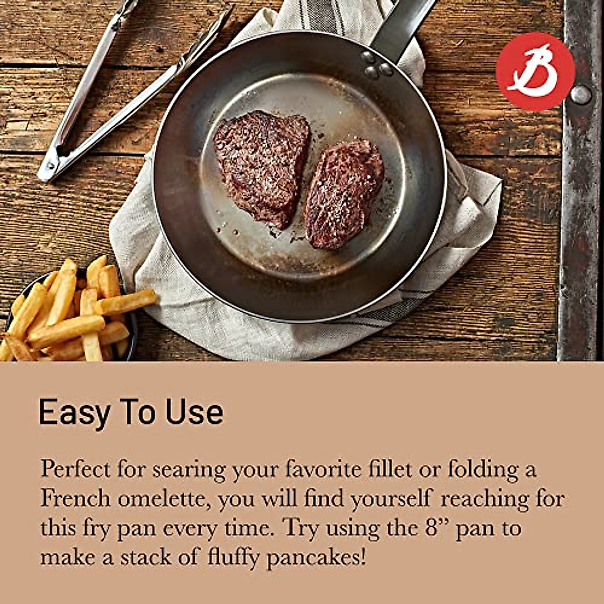 de Buyer MINERAL B Carbon Steel Fry Pan - 8” - Ideal for Searing, Sauteing & Reheating - Naturally Nonstick - Made in France