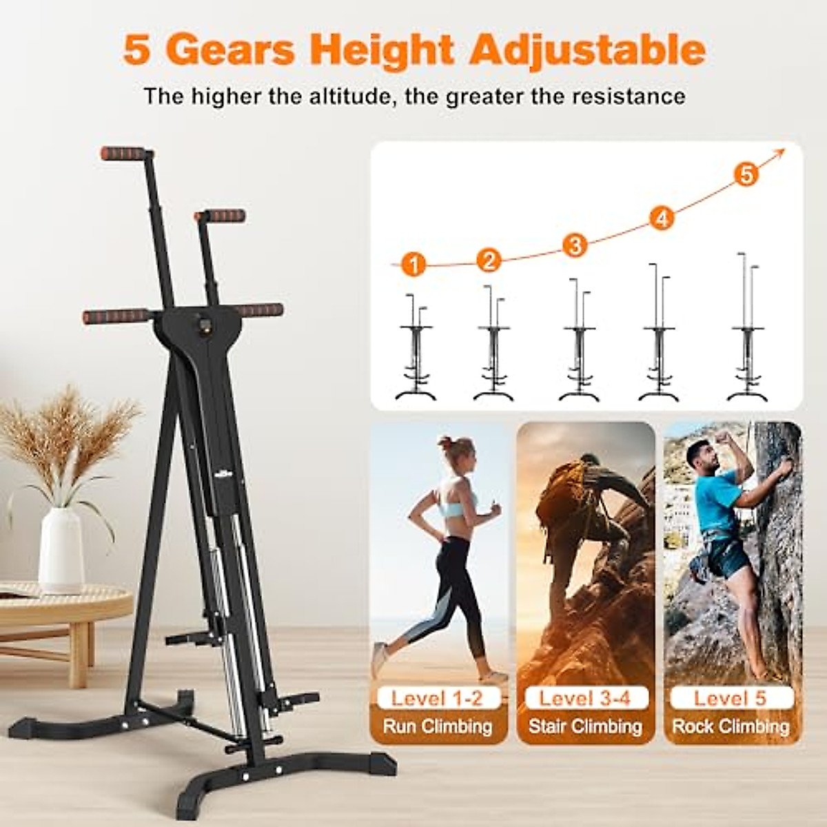 Vertical Climber Exercise Machine for Home Gym with 4 Metal Guide Rails Folding Exercise Climber Cardio Workout Machine 5-Level Heights Stair Stepper Newer Version,Easy to Assemble