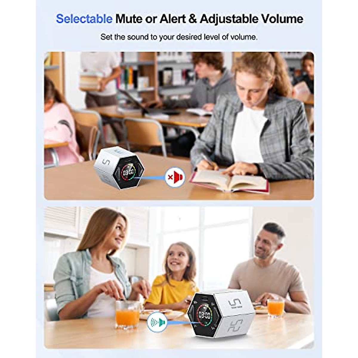 Ticktime Pomodoro Timer, Productivity Timer Cube, Hexagon Magnetic Flip Focus Timer, Mute & Adjustable Sound Alert, for Work, Office, ADHD, Study, Task, 3/5/10/15/25/30min & Custom Countdown - Gray