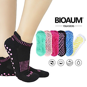 BIOAUM Yoga Socks for Women - 6 Pairs Cotton Cushion Non Slip Grip Slipper Pilates Hospital Socks