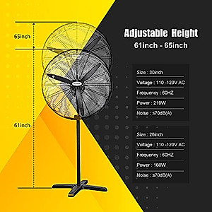 KAPAS Industrial Pedestal Fans, Commercial Oscillating Fan Made by Heavy Duty Metal Structure and Blade, Adjust Height, 3- Speed Control Suitable to Warehouse, Shop, Garage, and Workspace. (30'')
