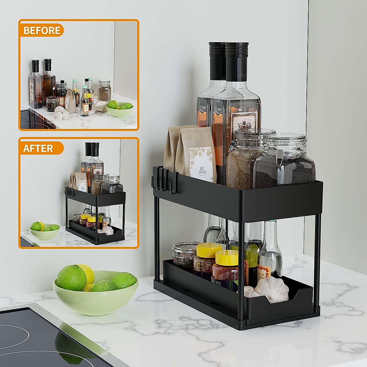 LONONE Black Under Sink Organizer Metal Under Sink Organizers and Storage 2 Tier Sliding Cabinet Organizer Pull Out Shelves Under Kitchen Sink
