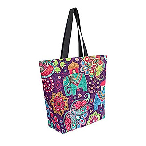ALAZA Large Canvas Tote Bag Cute Indian Floral Elephant Shopping Shoulder Handbag with Small Zippered Pocket