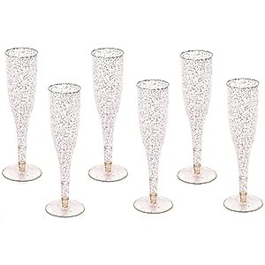 Oojami Gold Glitter Plastic Classicware Glass Like Champagne Wedding Parties Toasting Flutes (1 Box = Quantity 30)