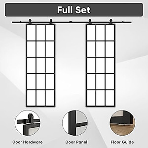 BARNSMITH 60in x 84in Double Glass Barn Door with 13FT Top Mounted Hardware Kit, 5-lite Modern Black Aluminum Tempered Frosted Glass Sliding Door, Assemble Required(2 * 30inx 84in)