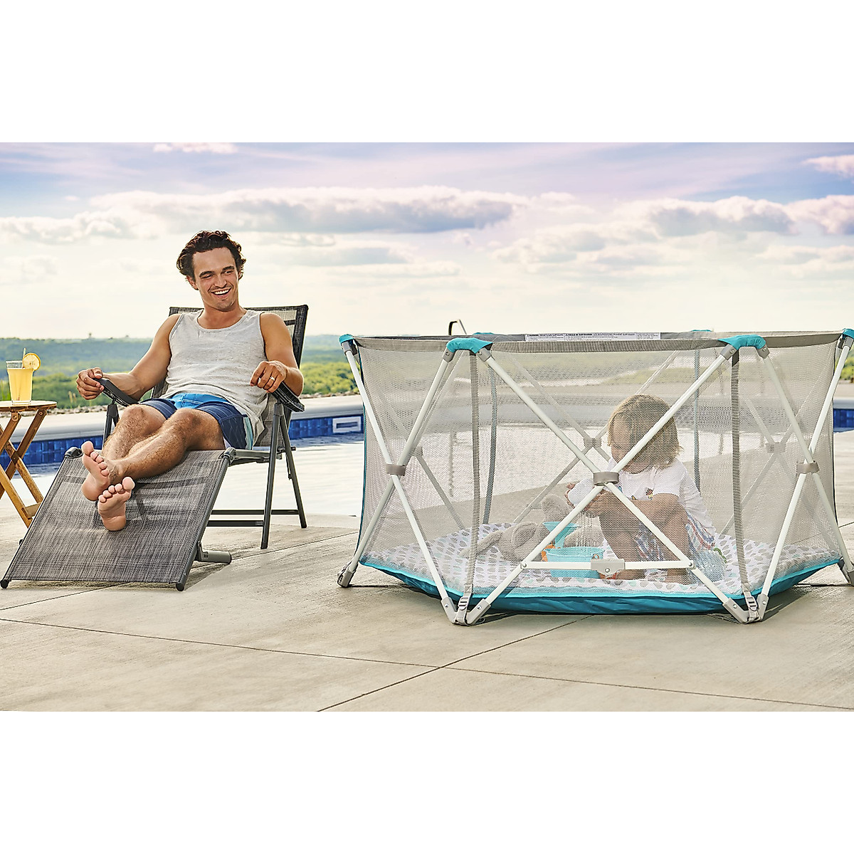 Regalo My Portable Play Yard Deluxe with Removable Pad, Indoor and Outdoor, Bonus Kit, Aqua, 6-Panel