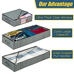 MAAN Underbed Storage Bag Organizer 3 Pack Large Capacity Storage Container with Strong Reinforced Handles, Store Blankets, Clear Window, Seasonal Clothing Comforters, Linen, Bedding (Grey)