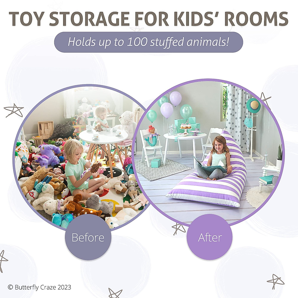 Butterfly Craze Bean Bag Chair Cover, Functional Toddler Toy Organizer, Fill with Stuffed Animals to Create a Jumbo, Comfy Floor Lounger for Boys or Girls, Stuffing Not Included, Purple Stripes