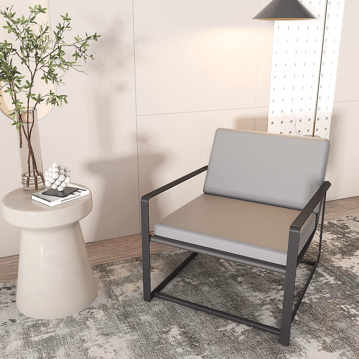 Modern Faux Leather Accent Chairs, Mid-Century Armchairs Ergonomic Chair Reception Chair with Metal Frame for Living Room Bedroom, Study Room (Grey)