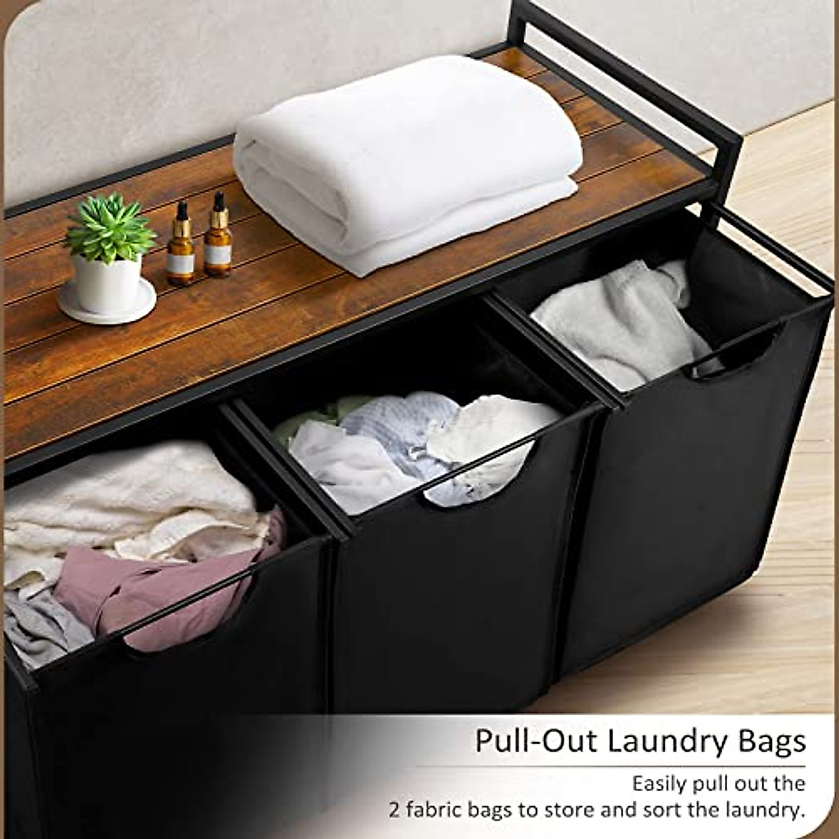 Graciadeco Pull Out Laundry Hamper 3 Compartment Laundry Sorter with Shelf 3 Section Laundry Basket with 3 x 16 Gallons Removable Bags, Black