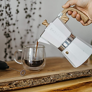 GROSCHE Milano Stove top espresso maker (9 espresso cup size 15.2 oz) White, and battery operated milk frother bundle for lattes