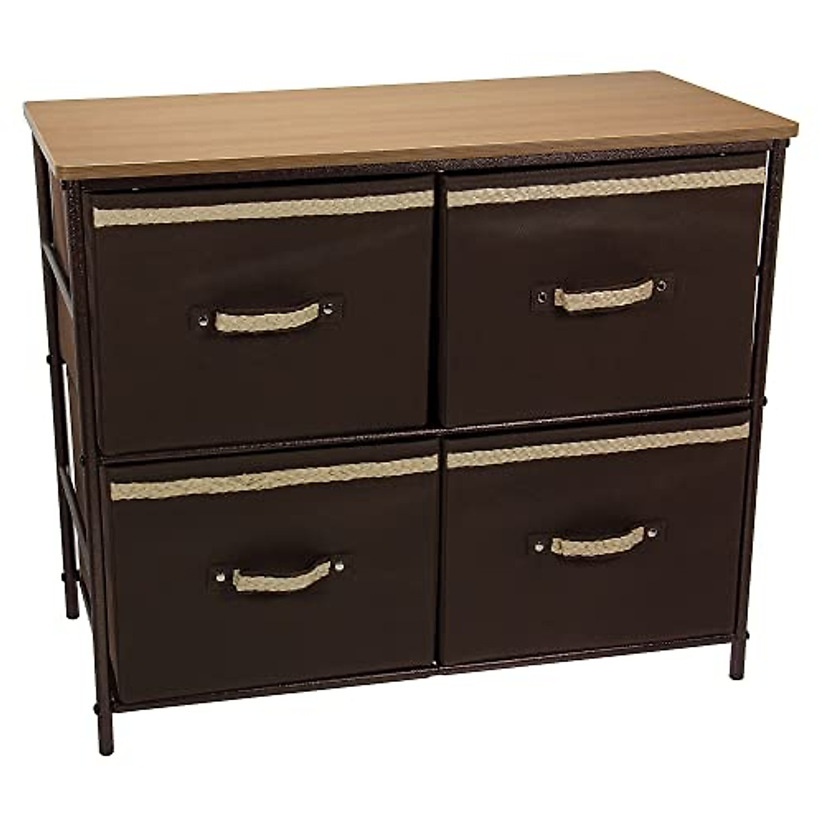 Household Essentials 2-Tier Storage Chest of Drawers Bronze Frame Wood Grain Top and 4 Brown Storage Bins with Natural Jute Trim