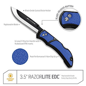 OUTDOOR EDGE 3.5" RazorLite EDC Knife. Pocket Knife with Replaceable Blades and Clip. The Perfect Hunting Knife for Skinning Deer. Blue with 6 Blades