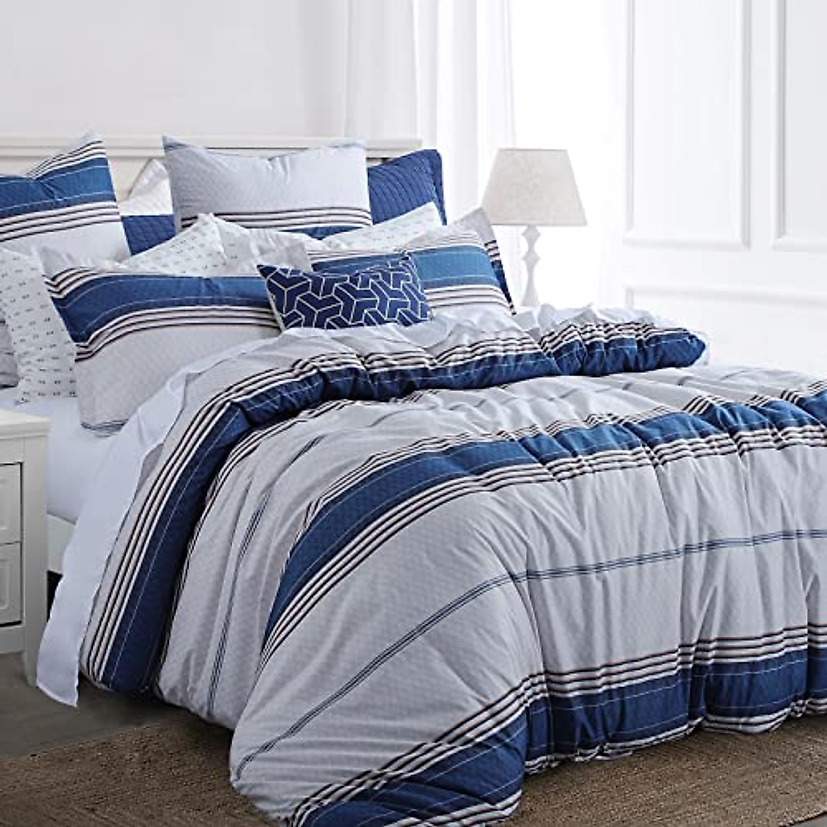 Aisbo Patterned Duvet Cover Queen Soft - Striped Brushed Microfiber Queen Duvet Cover with Zipper Closure, 3-Pieces Bedding Duvet Cover Sets 90x90 Inches with 2 Pillow Shams for Queen Size Bed