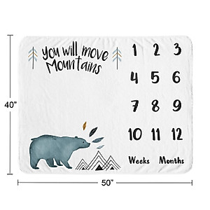 Sweet Jojo Designs Bear Mountain Boy Milestone Blanket Monthly Newborn First Year Growth Mat Baby Shower Memory Keepsake Gift Picture - Slate Blue and Black Woodland Forest You Will Move Mountains