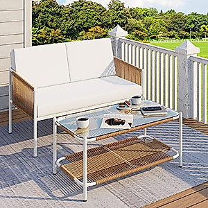 JAMFLY Patio Furniture 2 Piece Wicker Set, Outdoor Patio Furniture Rattan Conversation Set, All Weather Patio Set Loveseat Sofa for Backyard, Balcony, Porch with Soft Cushions and Glass Table