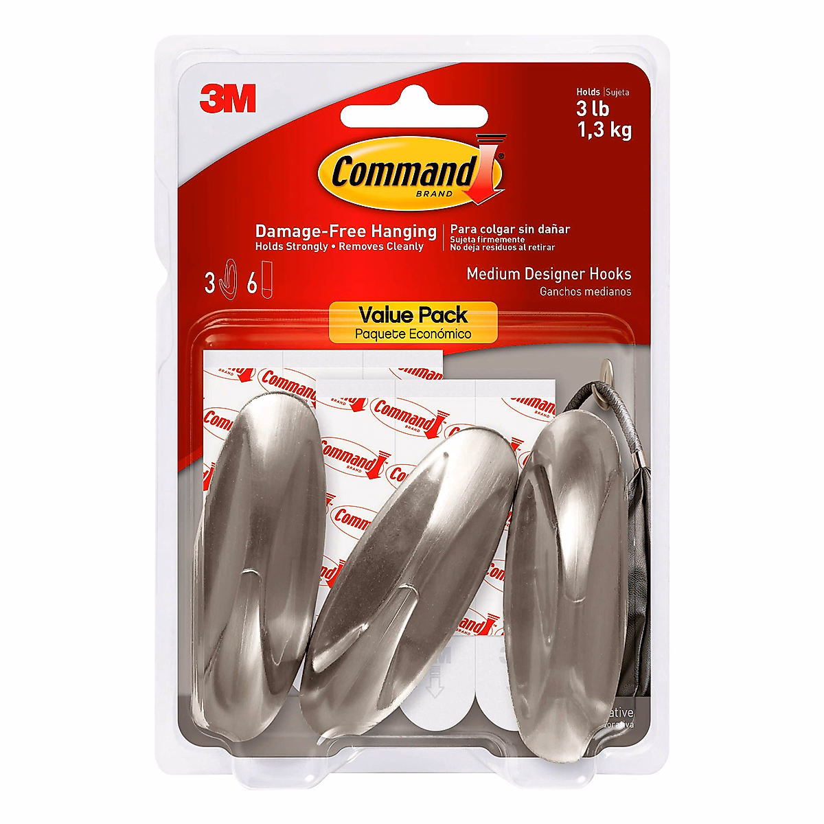Command Designer Hooks, Medium, Brushed Nickel, 3-Hooks (17081BN-3ES), Great for dorm decor
