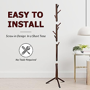 Azaeahom Coat Rack Freestanding with 8 Hooks 3 Adjustable Height Coat Racks Stand Clothing Hanger Stand Wooden Coat Tree Easy Assembly for Entryway, Bedroom, Hallway, Dormitory,Office Cherry