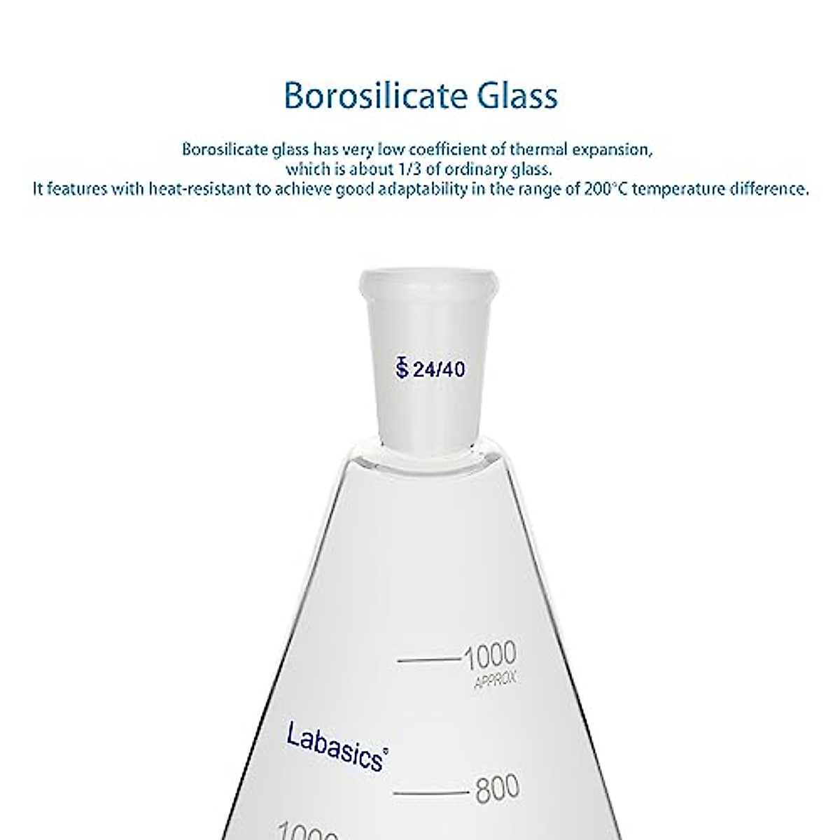 Labasics Glass 24/40 Erlenmeyer Flask, Borosilicate Glass Heavy Wall Flask with 24/40 Standard Taper Outer Joint, 1000 ml