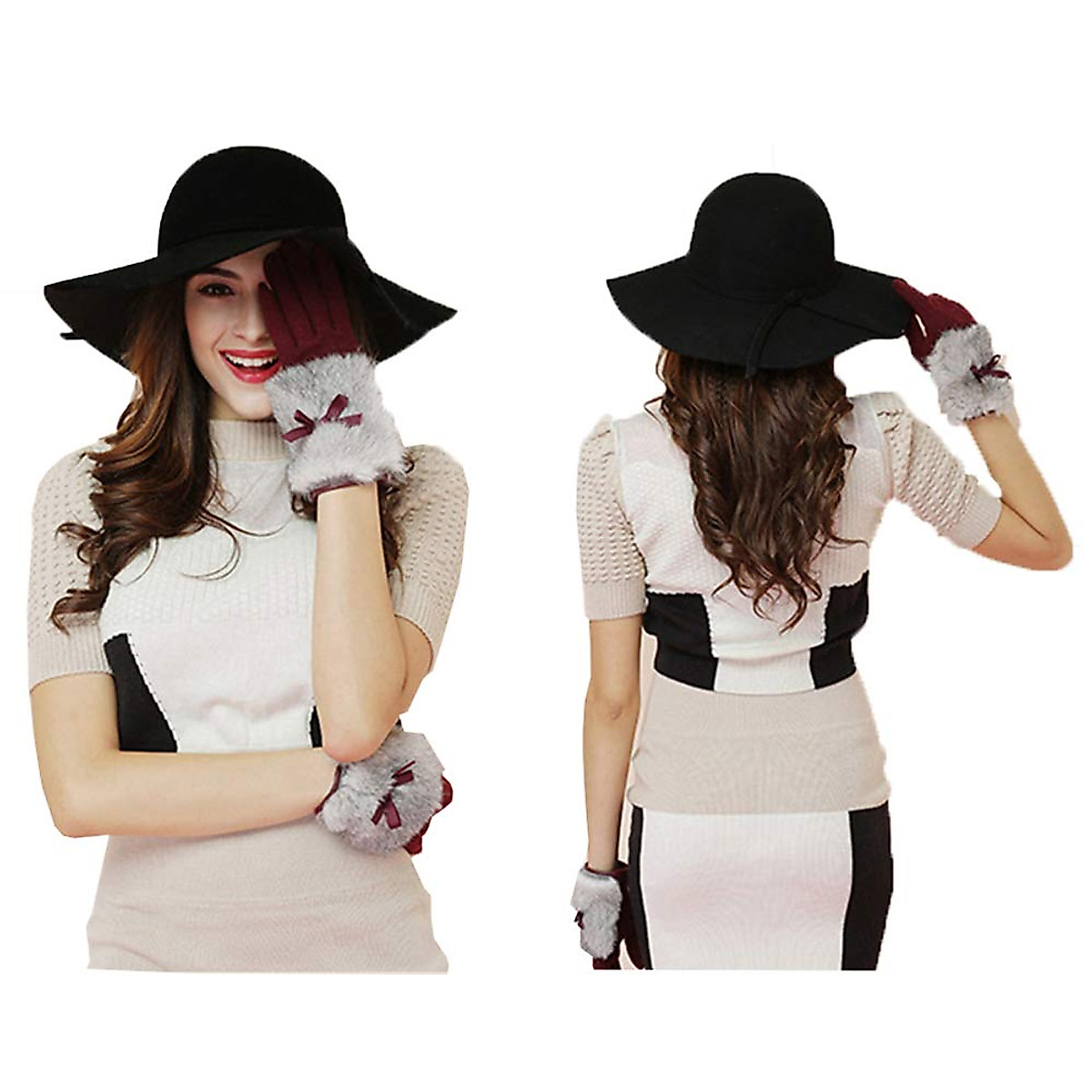 ASSQI Women's 100% Wool Foldable Wide Brim Retro Fedora Floppy Felt Bowler Hat (Black)