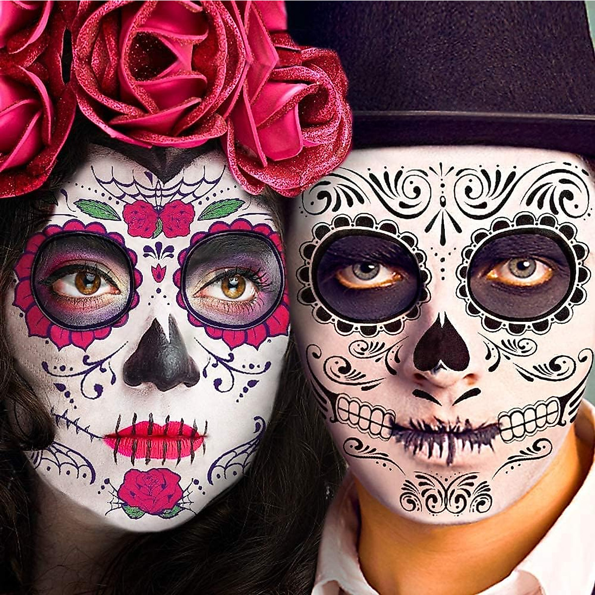 Day of the Dead Face Tattoos, 8 Sheets Sugar Skull Temporary Face Tattoos Stickers for Halloween Party Makeup