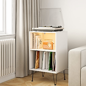 HOMMPA Record Player Stand with LED Lights White Record Storage Stand Vinyl Record Storage Cabinet with Metal Hairpin Legs Turntable Stand Table Holds Up to 150 Albums for Living Room Bedroom White