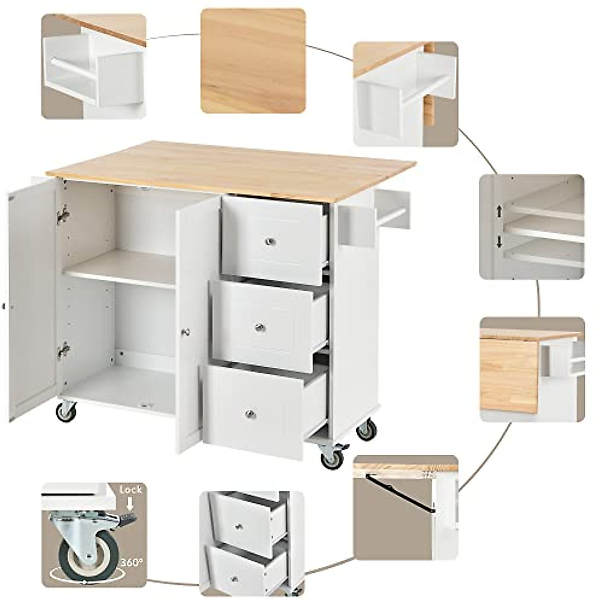 OPTOUGH Rolling Mobile Kitchen Island with Locking Wheels,Storage Cabinet and Drop Leaf Breakfast Bar, Kitchen Cart for Home w/Spice Rack,Towel Rack & Drawer,White