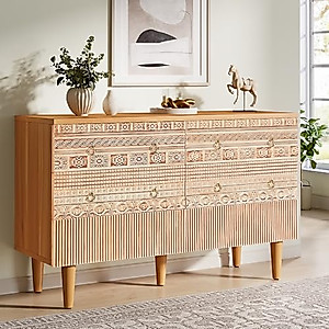 Tribesigns 6-Drawer Dresser, 47-Inch Boho Accent Dresser with 6 Carved Drawers, Double Wide Chest of Drawers, Wooden Dresser Cabinet with Metal Ring Pulls & Legs for Living Room, Bedroom, Oak