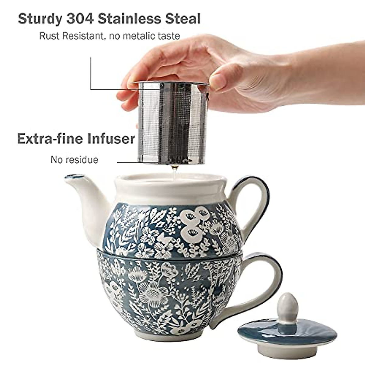 Taimei Teatime Ceramic Tea for One Set, 15 OZ Teapot with Infuser and Cup Set, Grey Teapot Set for one, Loose Leaf Tea Maker Set, Tea Set for Women, Adults Office Home Gift