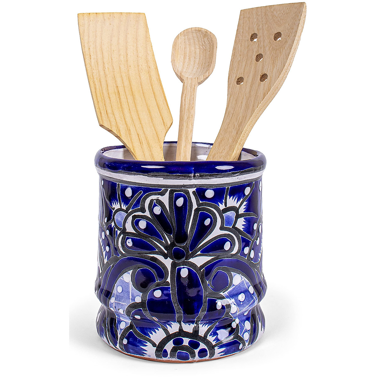 Genuine Mexican Kitchen Talavera Utensil Holder Hand Painted Pottery Ceramic for Kitchen Utensil Crock Spoon Rest Handmade in Mexico by Artisans (Blue)