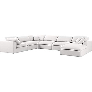 Meridian Furniture Serene Collection Modern | Contemporary Deluxe Comfort Modular Sectional, Soft Linen Textured Fabric, Down Cushions, 3 Corner + 3 Armless + 1 Ottoman, Cream