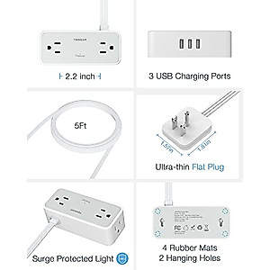 Ultra Thin Flat Extension Cord, TESSAN Surge Protector Flat Plug Power Strip 4 Wide Spaced AC Outlets 3 USB, 900 Joules 5FT Extension Cord for Home Office Dorm