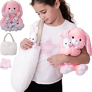 Perfectto Bundle: 2 Stuffed Animal Play Sets for Girls. Unicorn Baby Mommy Bag and Blanket Plus Bunny Mommy, 2 Baby Rabbit Toys, Bag and Doll Blanket. Plush Gift Age 3-8