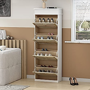 AGOTENI Tall Shoe Cabinet with 4 Flip Drawers, Narrow Storage Cabinet, Wood Shoe Storage for Hallway Entrance, White+Natural (21.7”W x 9.8”D x 64”H)