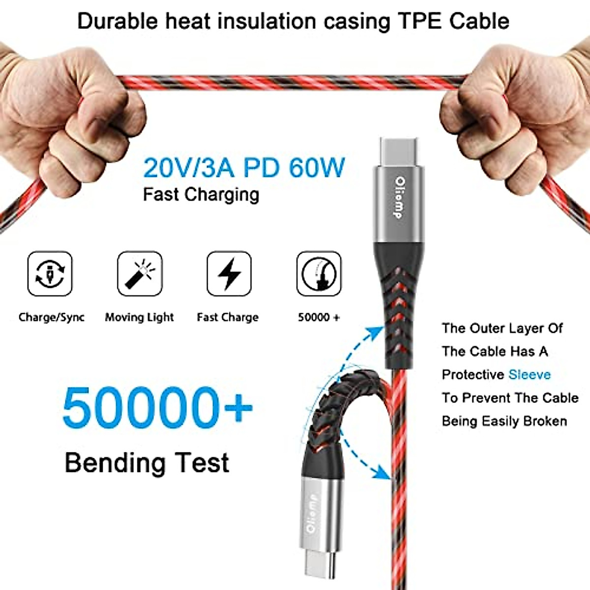 Oliomp USB C to USB C Fast Charging Cable 6ft 60W 3A USB Type C Charger Led Light up Charger Compatible with Samsung Galaxy S23/S22/S21/S20 /S10/S9/S8/Note20/MacBook Pro/Air/iPad Pro/LG/Pixel
